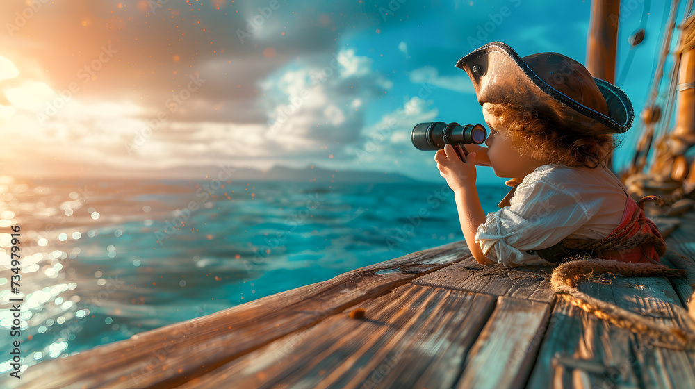 Binoculars. Dressed in a pirate outfit, a young child peers through a ...