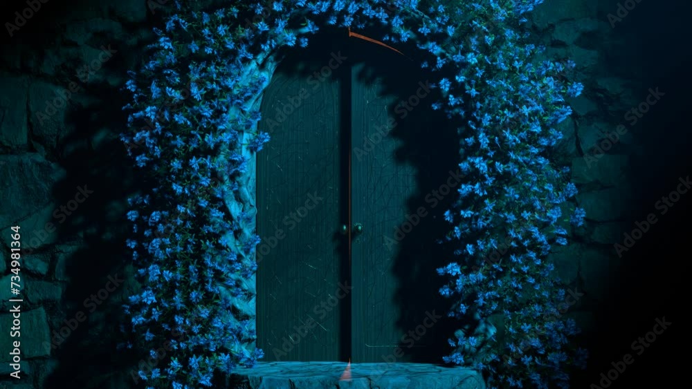 Magical door opens slowly in the darkness and shows enchanted light ...