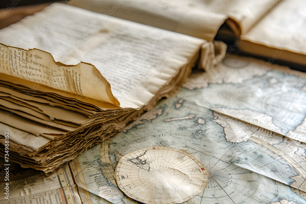 Close-up of a stack of antique nautical maps and manuscripts, with rich ...