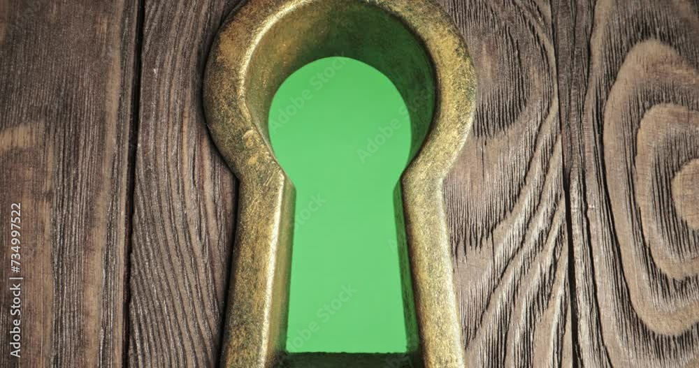 Vidéo Stock Close up of wood door with keyhole, flies through keyhole ...