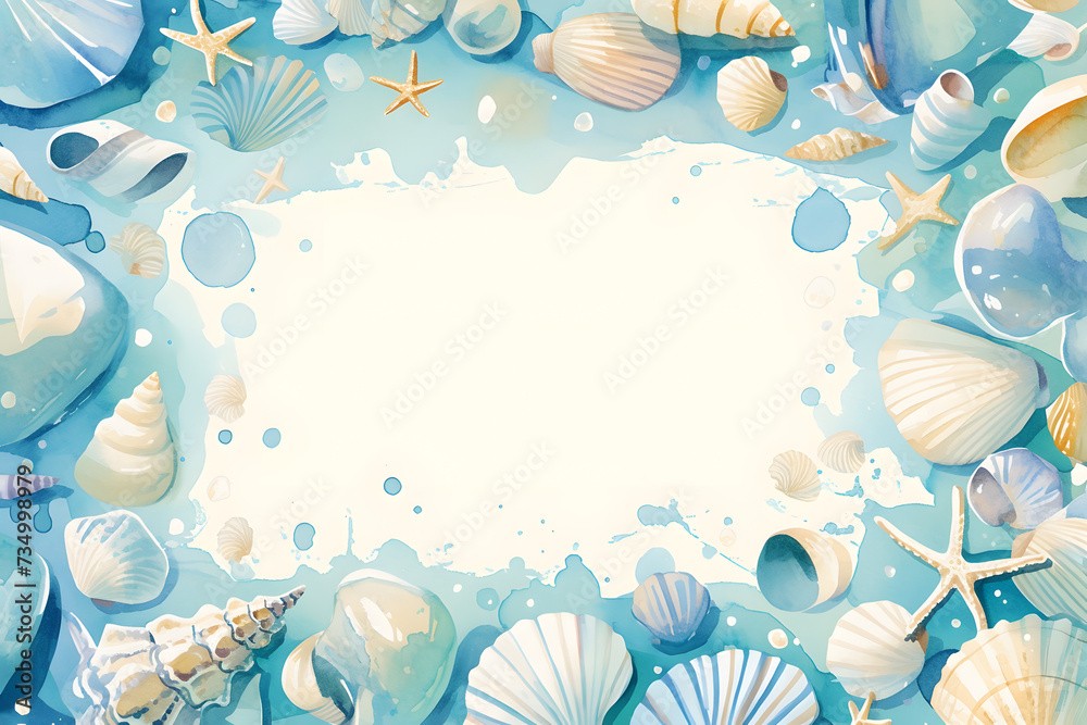 Cute cartoon shell frame border on background in watercolor style ...