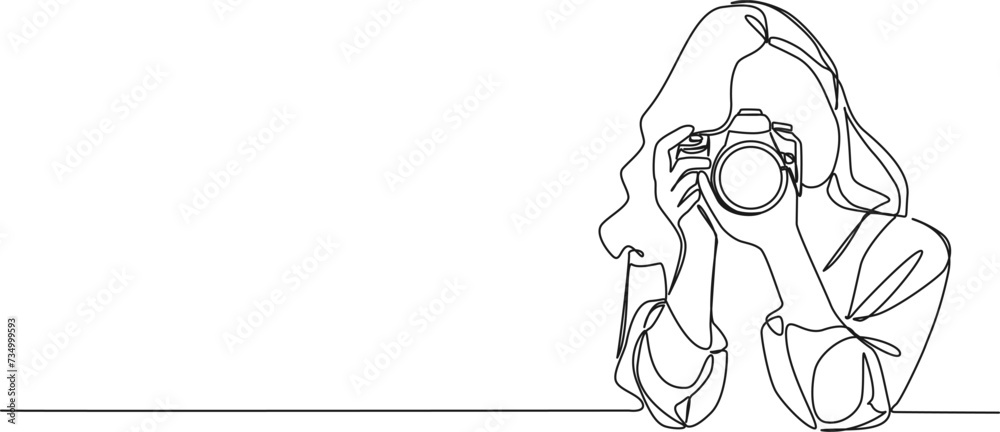 continuous single line drawing of woman with DSLR camera taking ...
