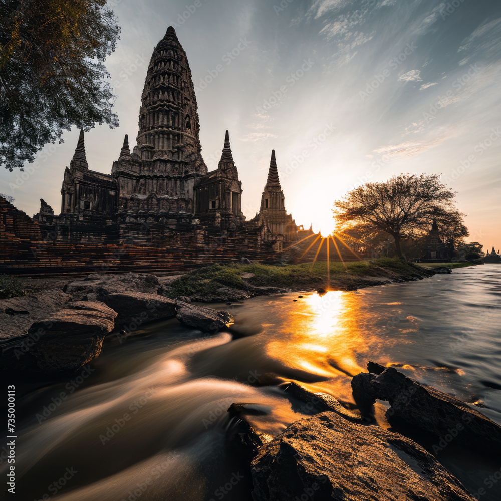 The breathtaking view of the sun setting behind ancient temple spires ...