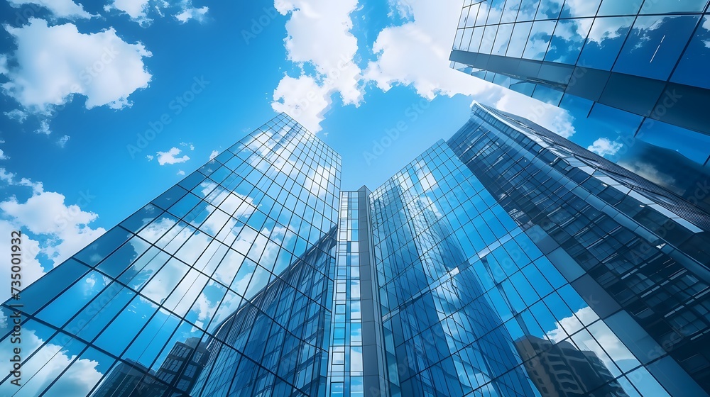 Reflective skyscrapers, business office buildings. Low angle ...