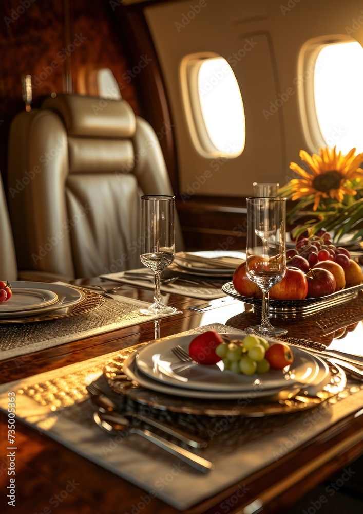 Elegant dining table set with fine china and glassware in the cabin of ...