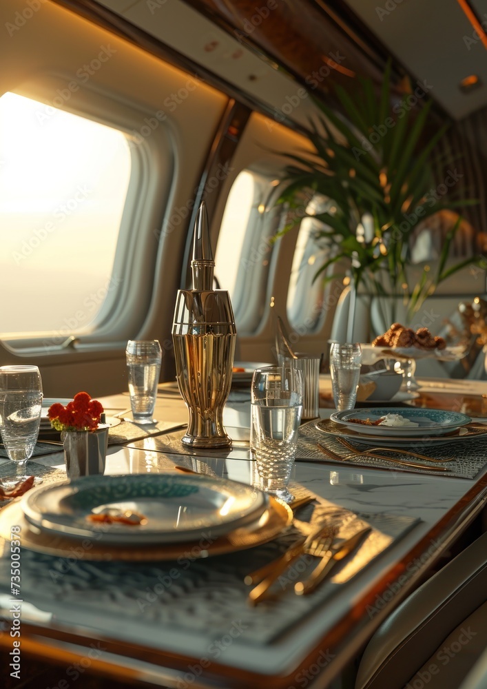 Elegant dining table set with fine china and glassware in the cabin of ...