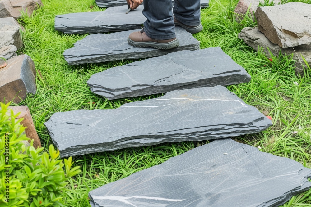 person fitting stone slabs in a garden pathway with green grass around ...