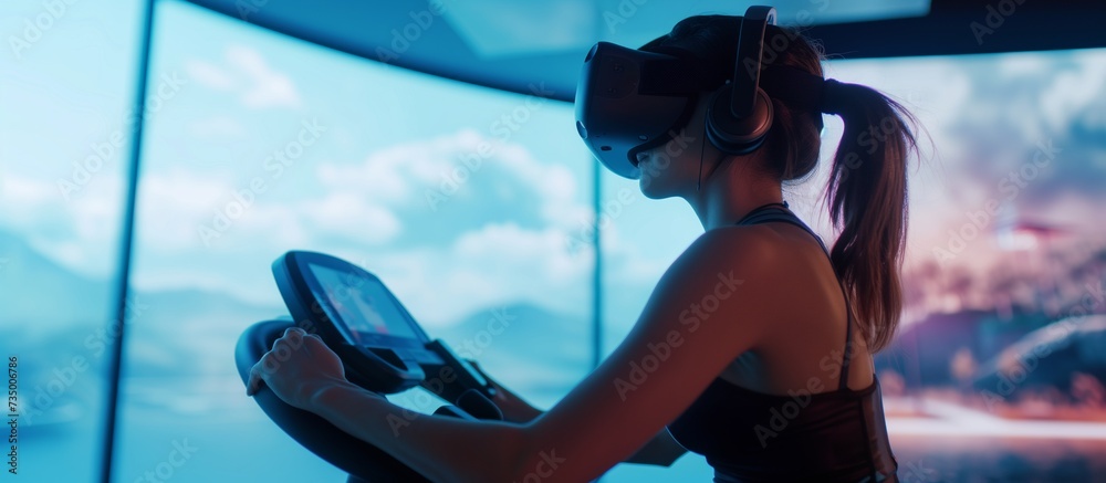 Virtual Fitness person wearing a VR headset while exercising on a ...