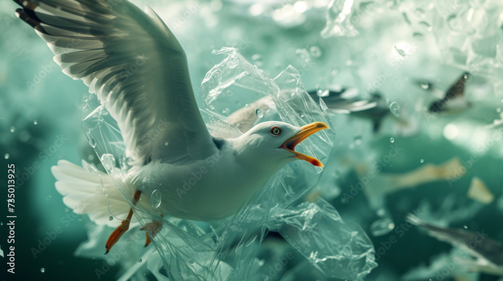 A seagull struggles to fly as it becomes entangled in plastic packaging ...