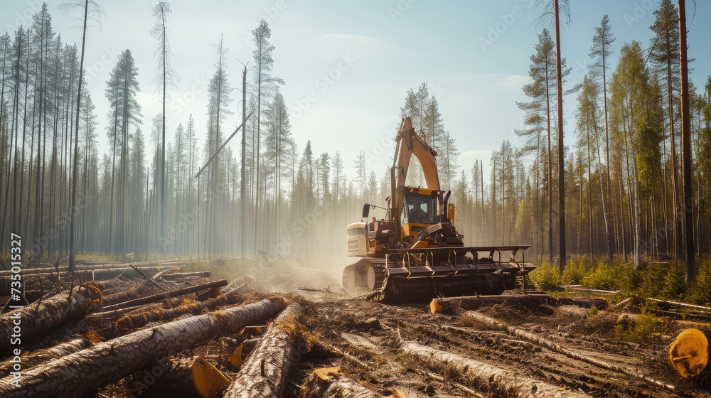 harvesting wood in the forest. heavy equipment working in deforestation ...
