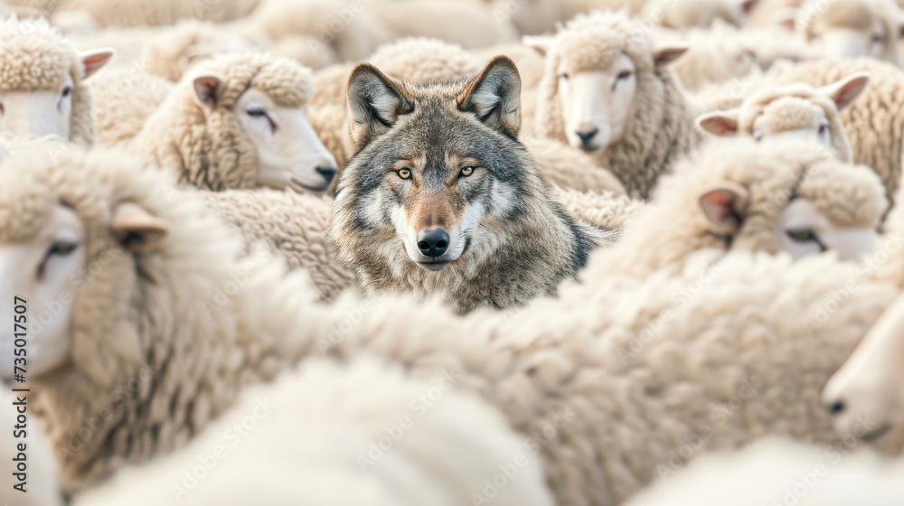 A single wolf stands out amid a flock of sheep, all looking toward the ...