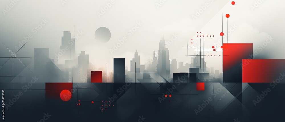 A mysterious fog envelops a modern city skyline, where red and black ...