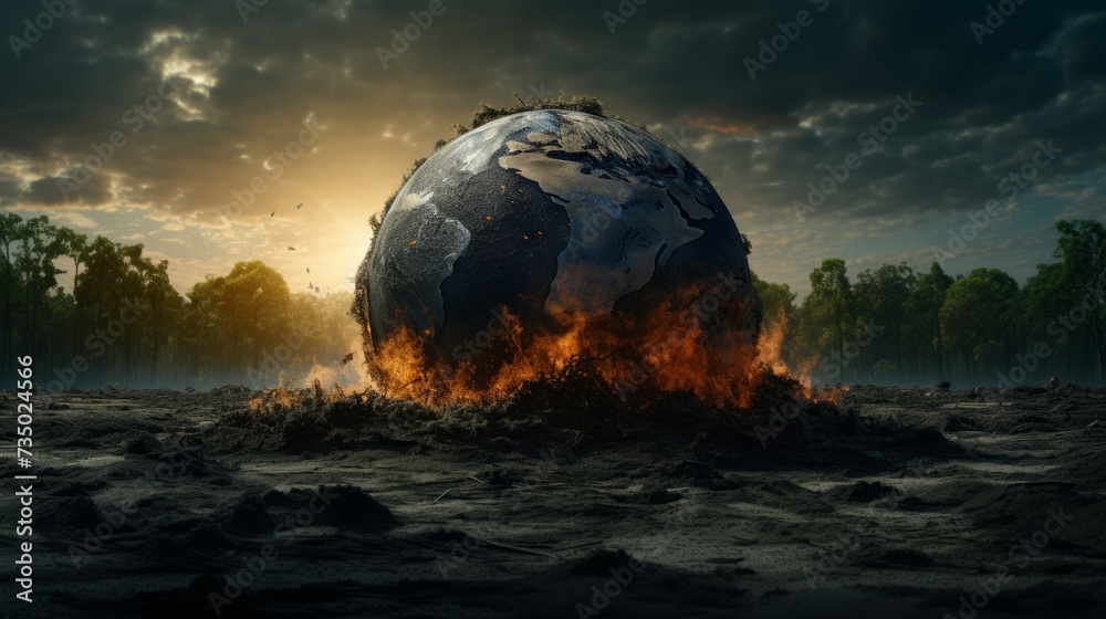 The planet Earth disappears, burns down against the background of a ...