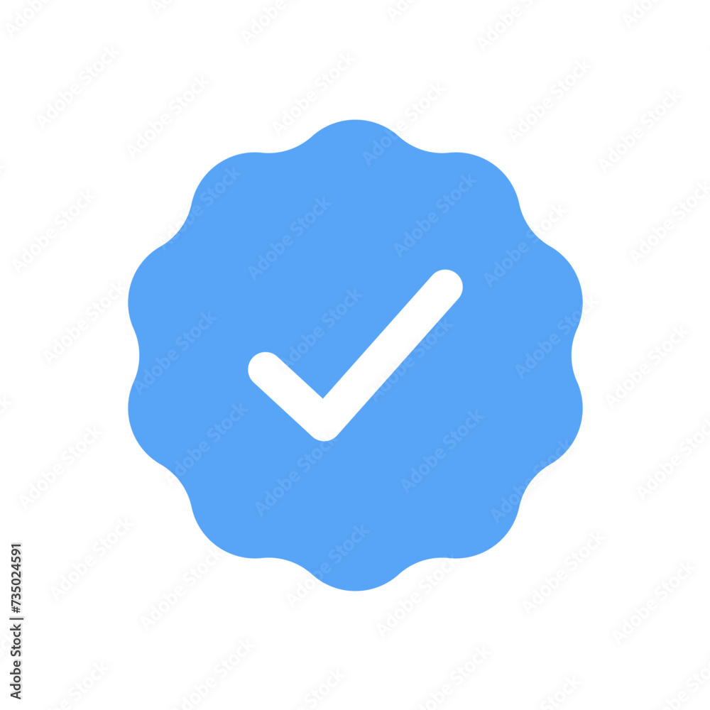 Blue check mark tick verification icon symbol. Confirm checkmark label approval quality product ...