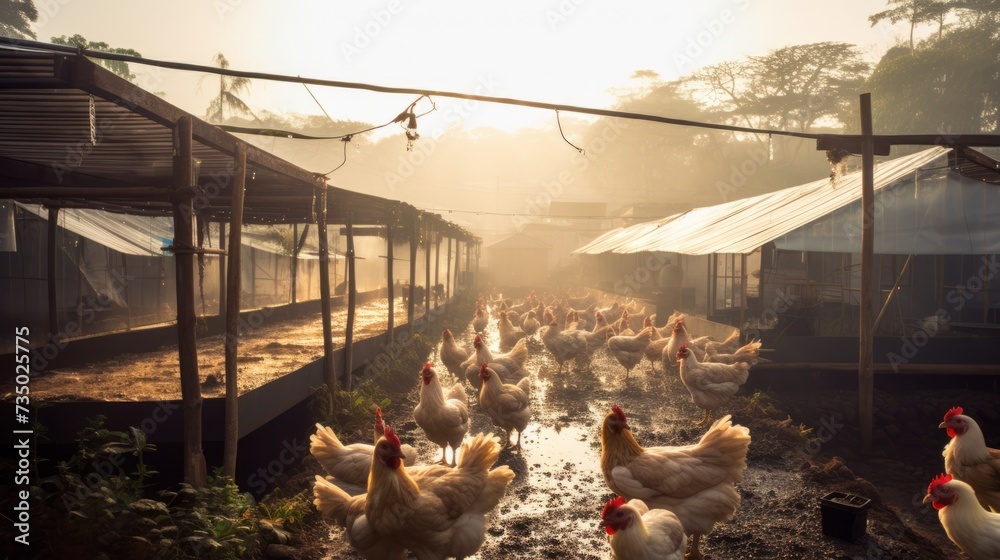 Poultry farming in rural areas. There are a lot of chickens and ...