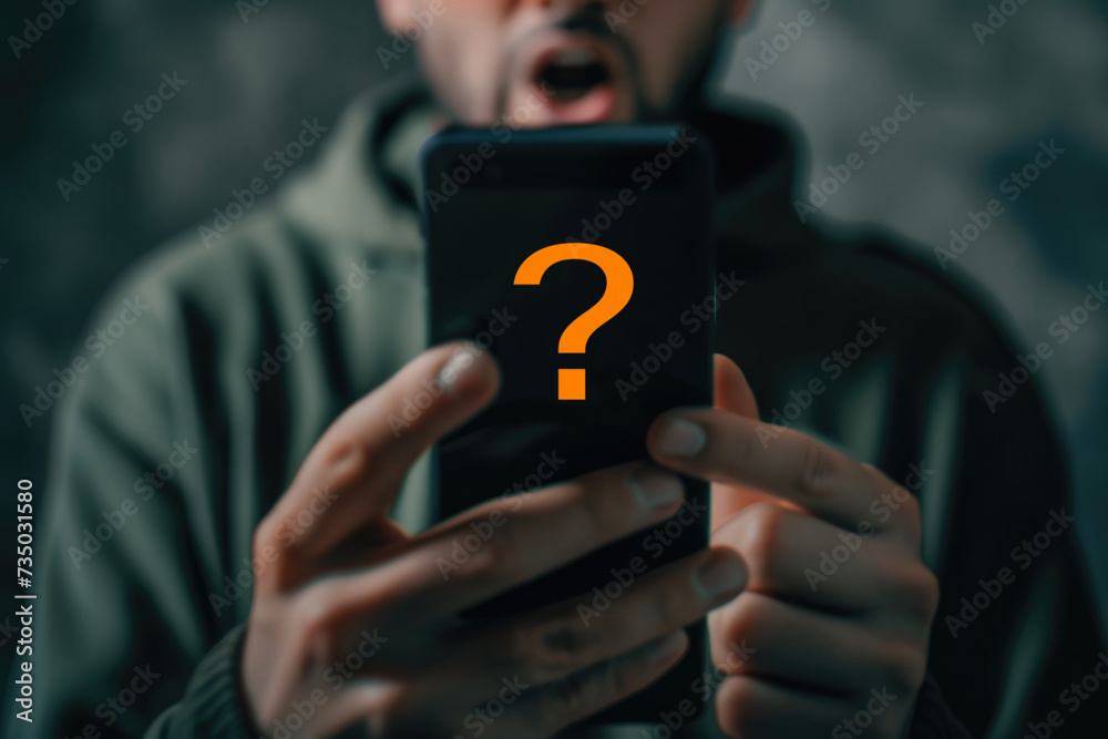 Shocked Man with Question Mark on Smartphone Screen. Close-up of a ...