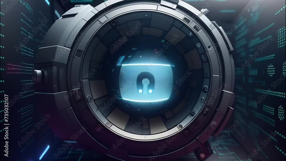 Cybersecurity, featuring combination of digital locks, shields, and binary code to convey a ...