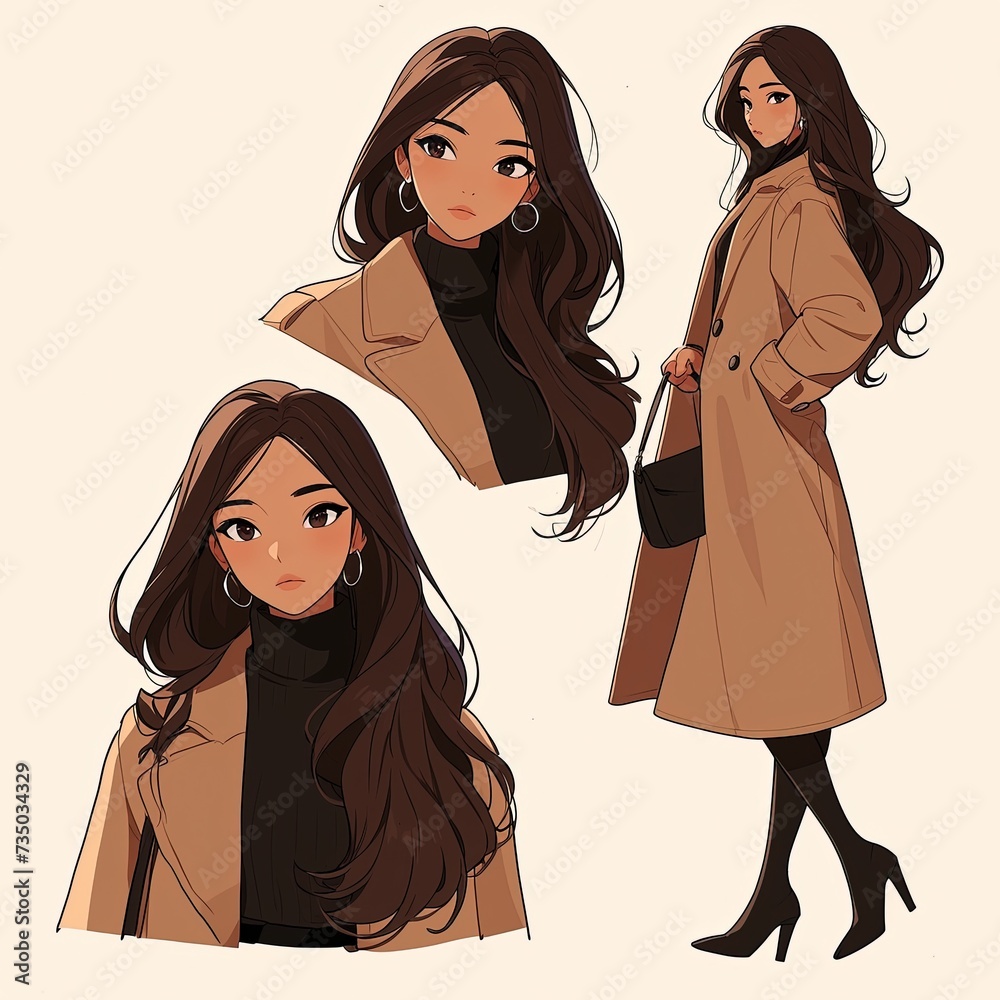 asian woman character set reference with long hair and wear trench coat ...