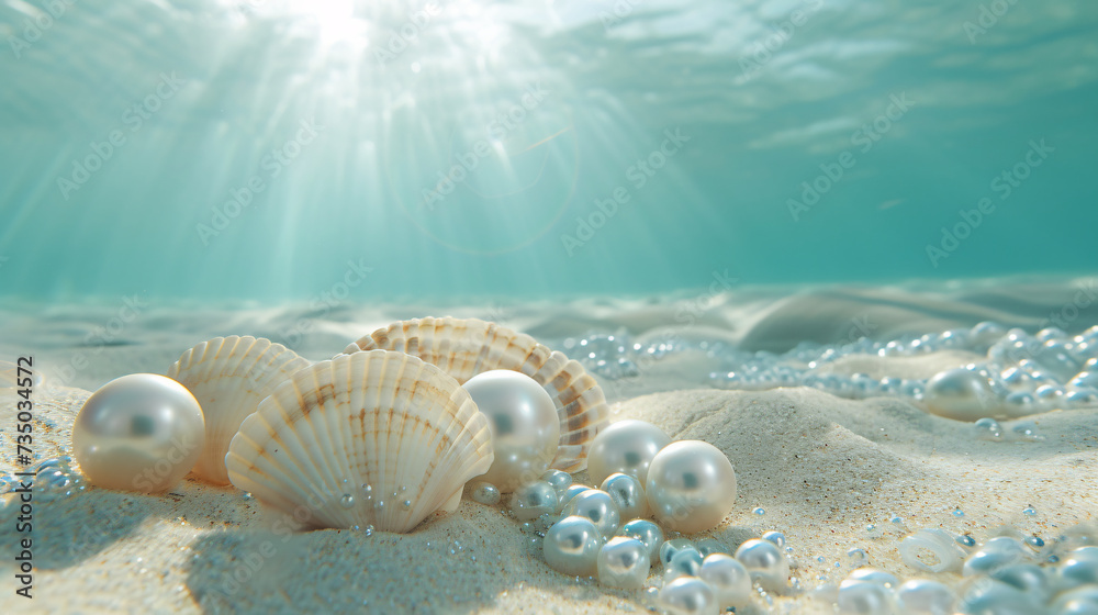 An underwater image of shells and pearls on the ocean floor. Stock ...