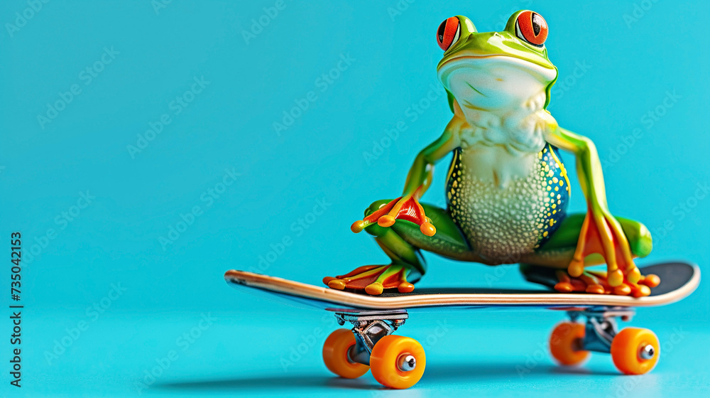 Green frog rolls on a skateboard in a dynamic pose, bright blue ...