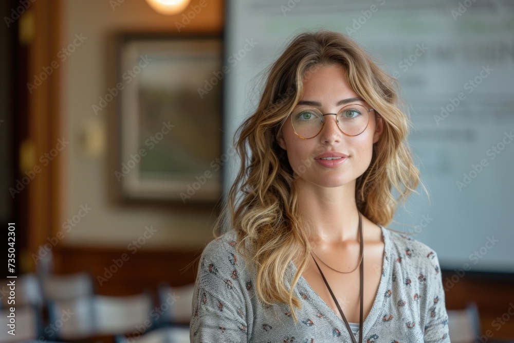 A focused female archaeologist with golden locks and scholarly glasses ...