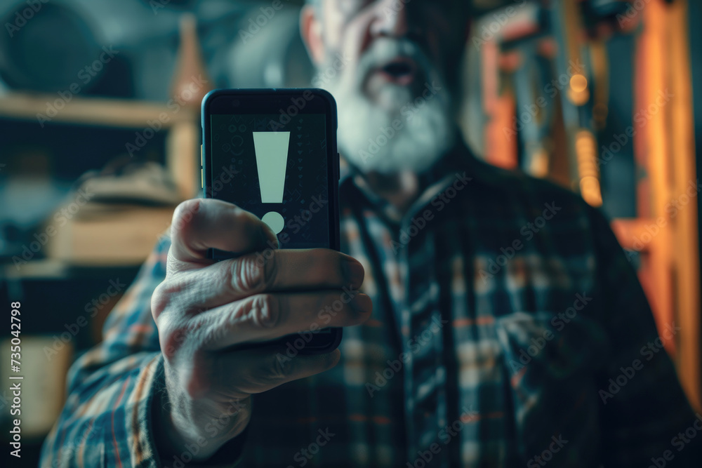 Man Holding Phone with Green Exclamation Point Alert. Close-up of a ...