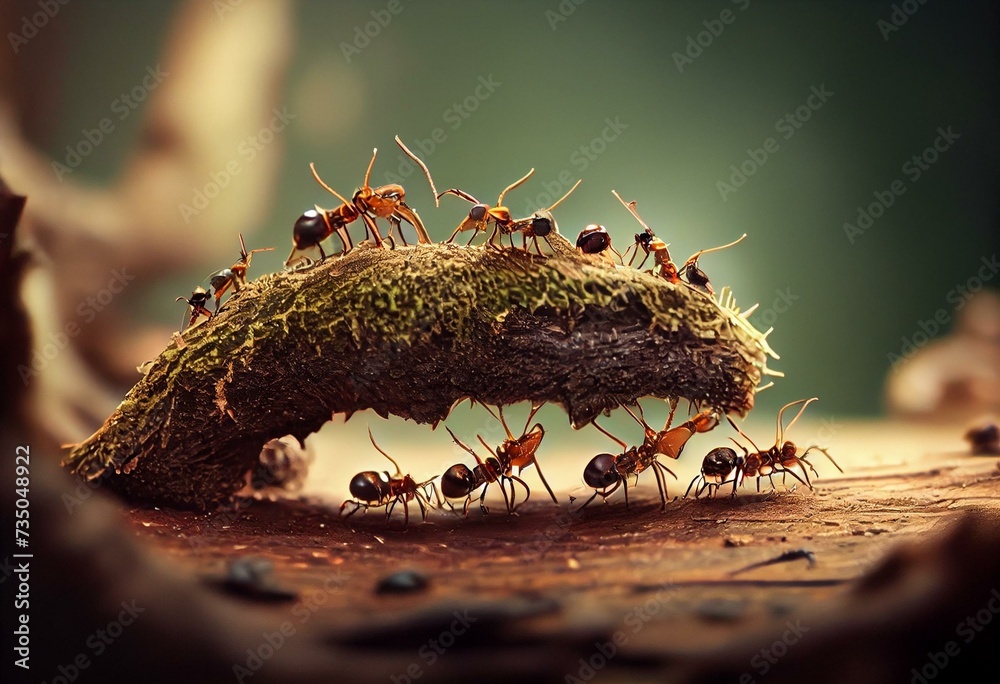 well-coordinated team of ants carrying bark of tree for construction of ...