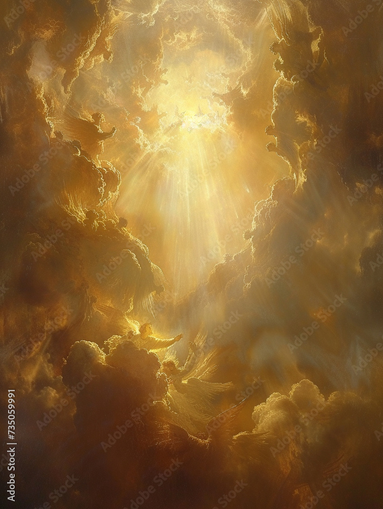 Heaven opens revealing a deity enveloped in a golden light a divine ...