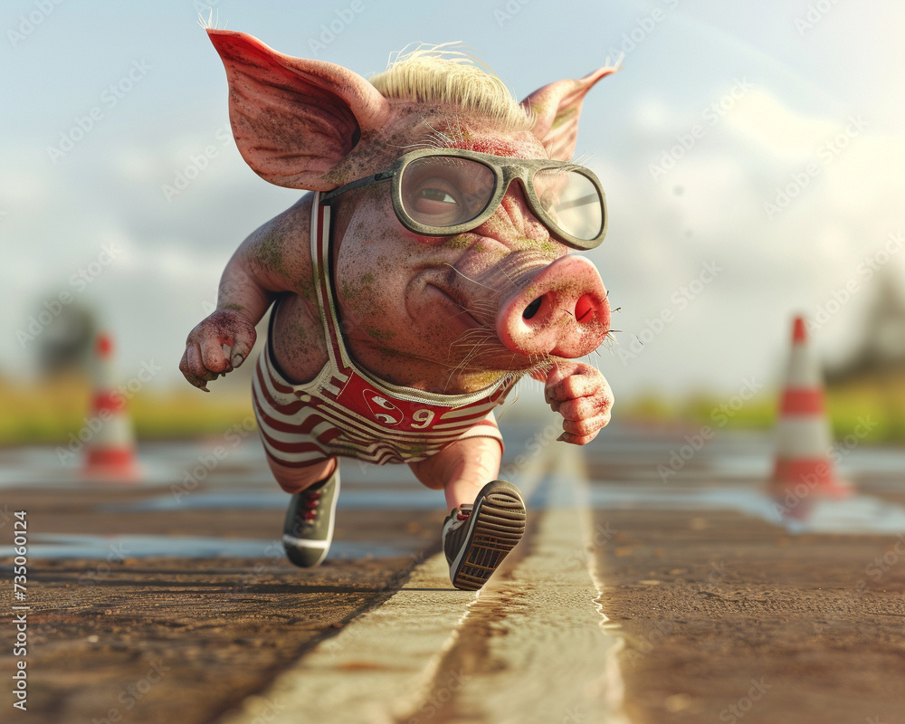 Motivated pig in running gear pushing through fatigue nearing the ...