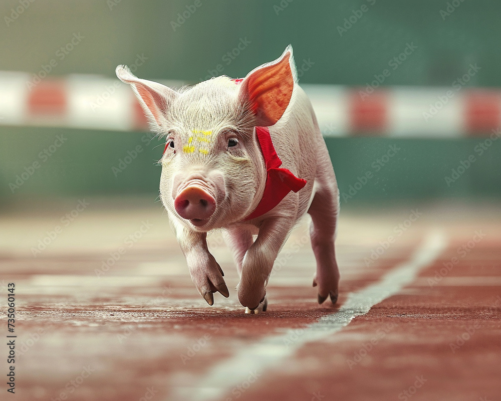 Motivated pig in running gear pushing through fatigue nearing the ...