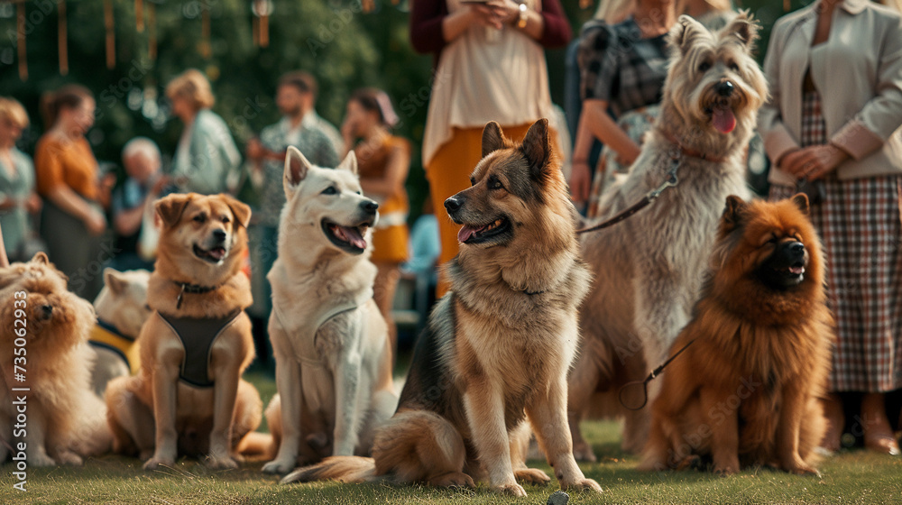 dog show contest, various breeds of dogs being presented, detailed fur ...
