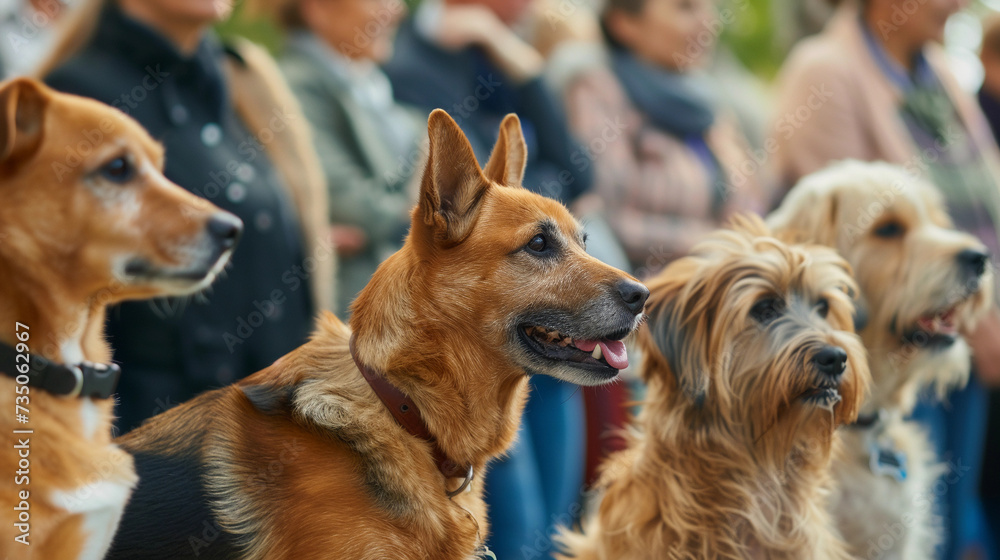 dog show contest, various breeds of dogs being presented, detailed fur ...