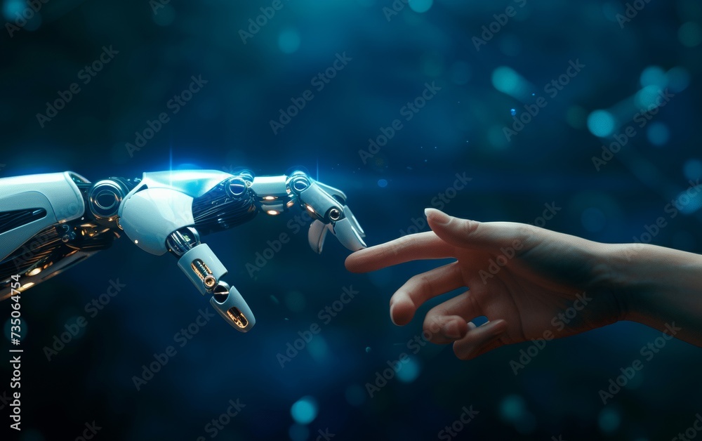Human hand and robotic hand touching, technology uniting the future ...