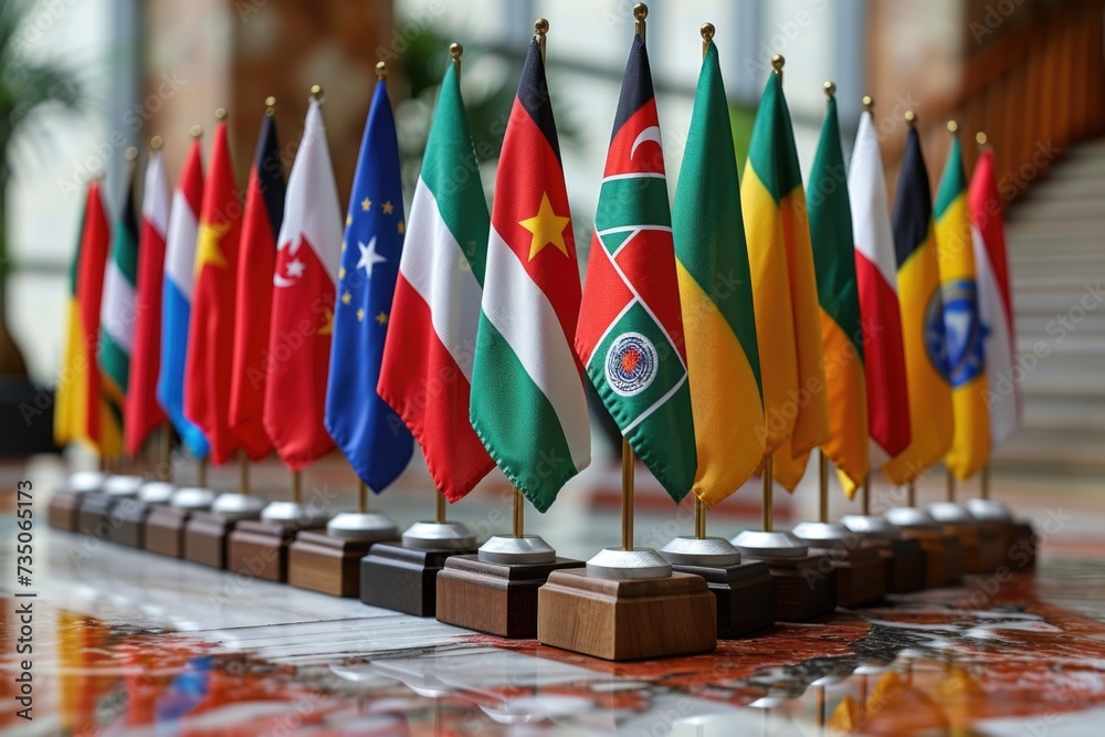 A collection of national flags on stands in a bright room reflects the ...