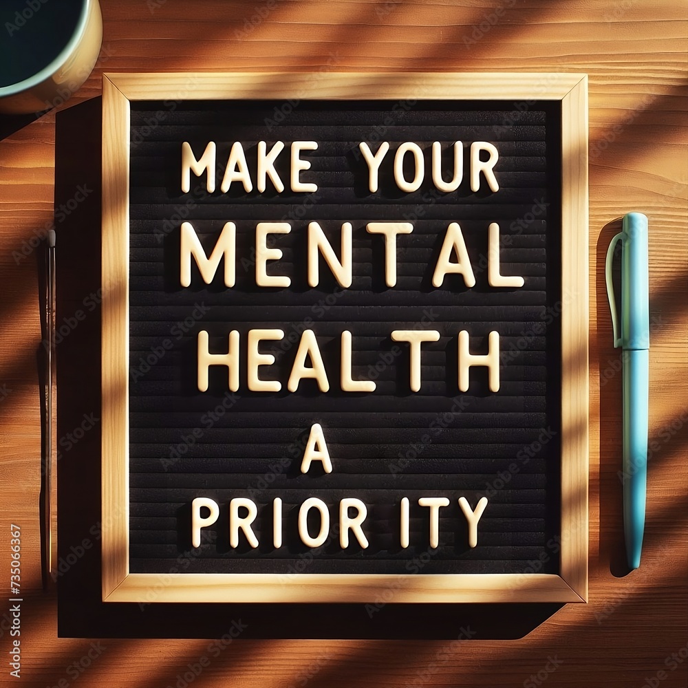 Make your mental health a priority text typo motivational quote on the letter board. Inspiration ...