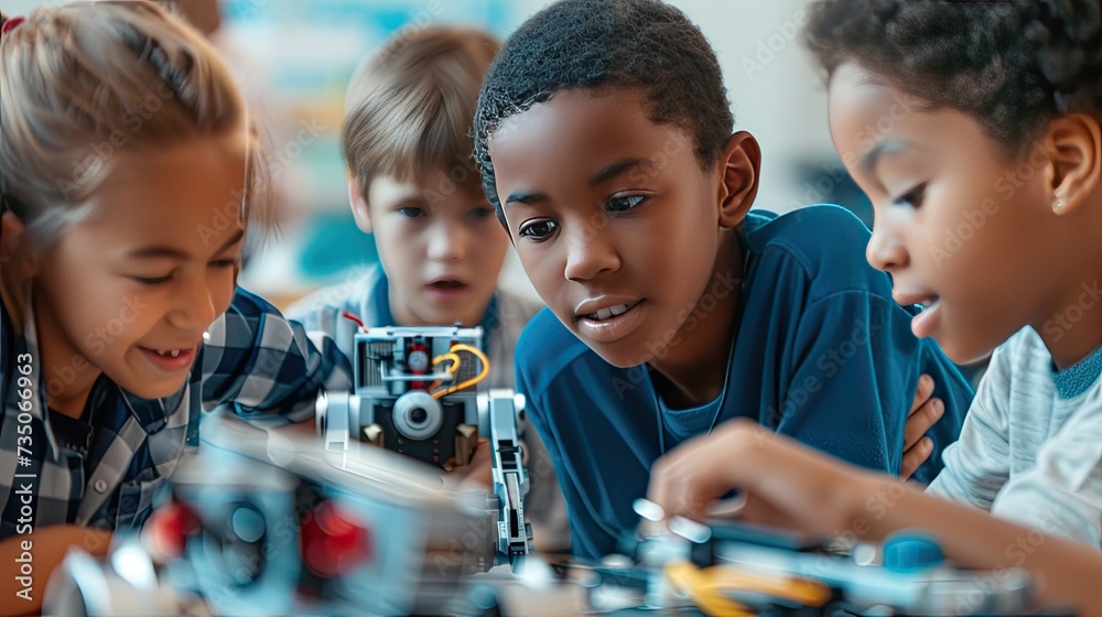 Elementary School Robotics Classroom: Diverse Group of Children ...