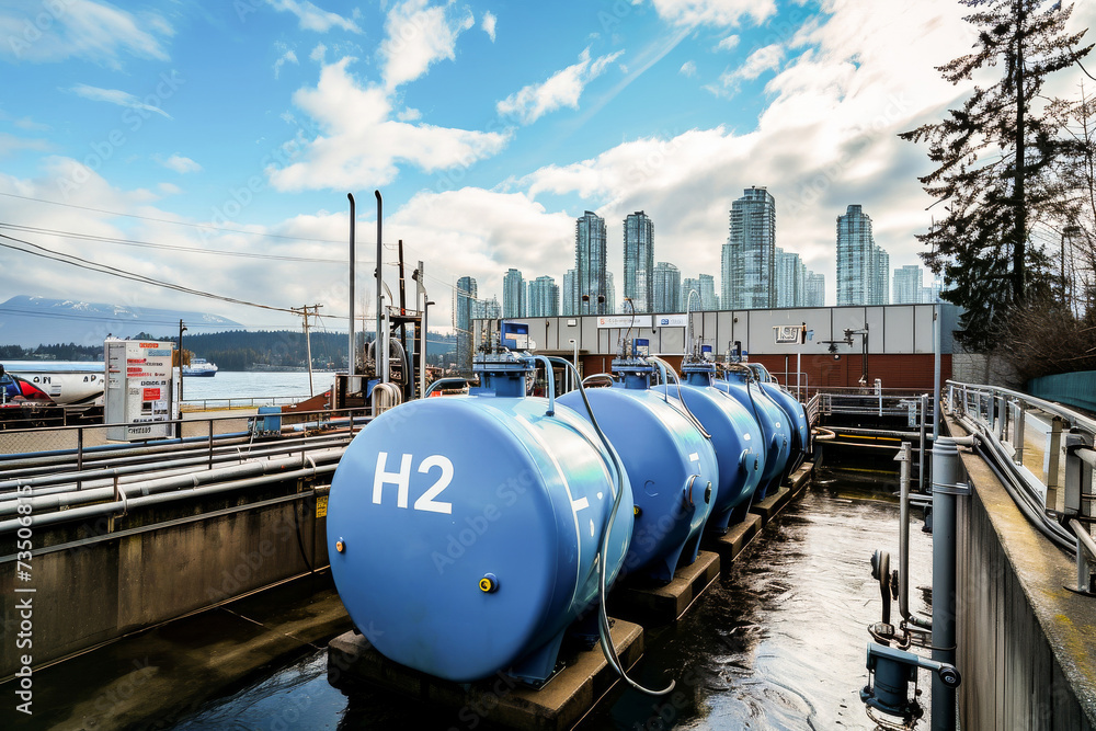 A modern industrial hydrogen storage facility with blue tanks and ...