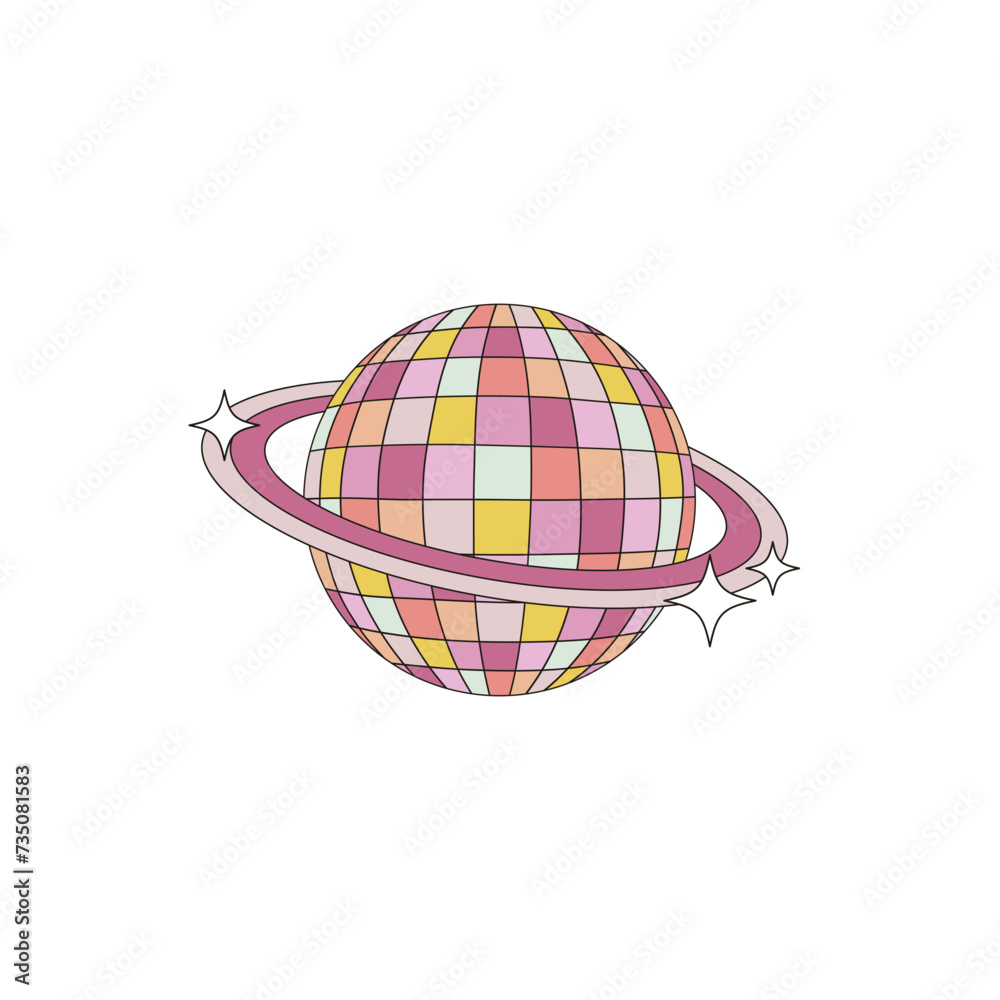 Groovy sparkling mirror disco ball planet saturn shape vector ...