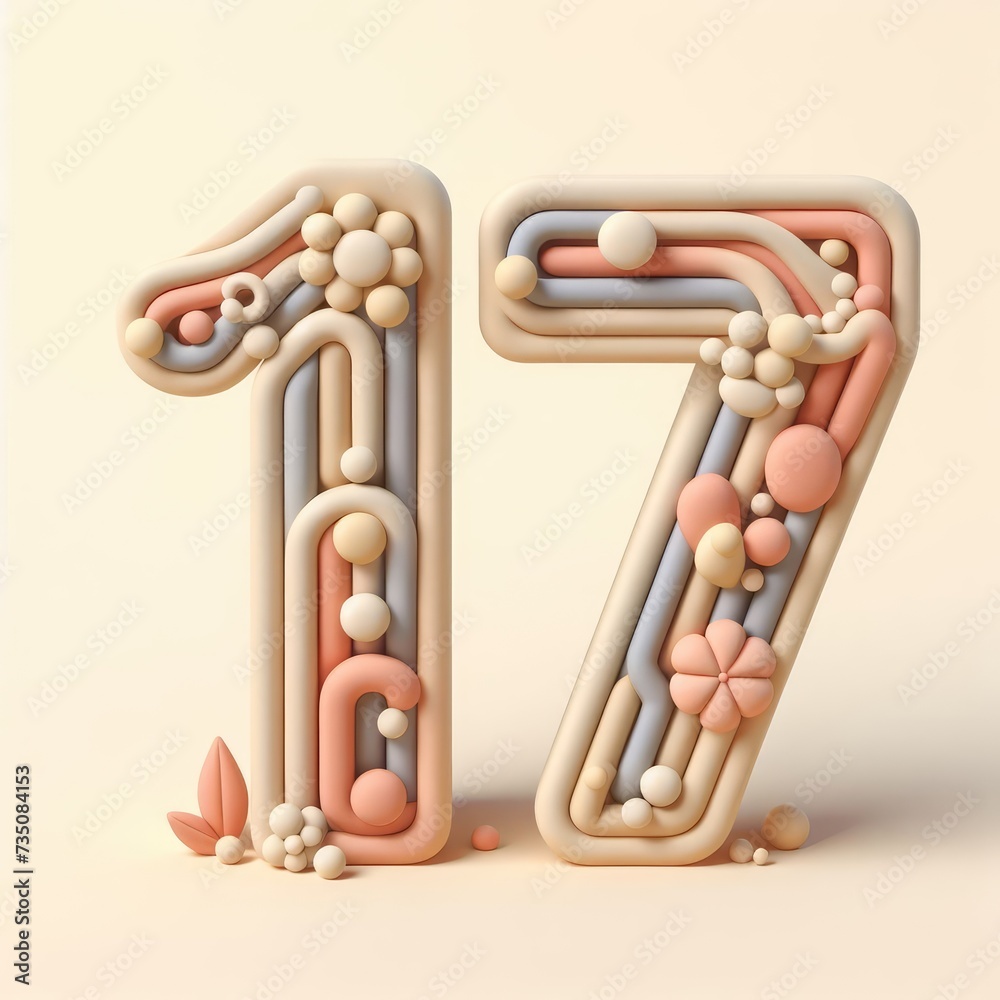 Floral style number seventeen text design. 3D minimalist clay number ...