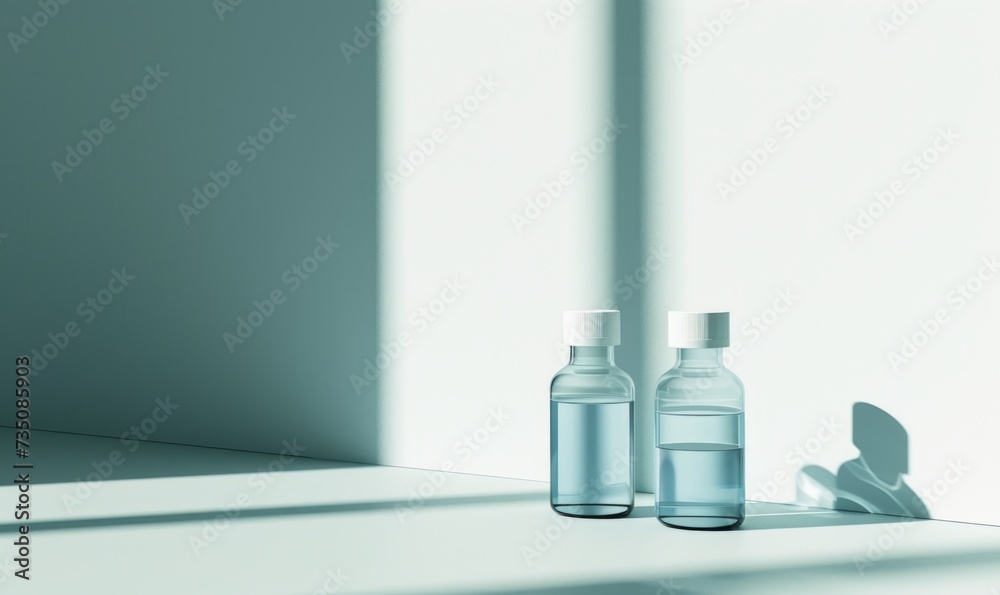 Two bottles of pharmacy medicine on a counter, in futuristic settings ...