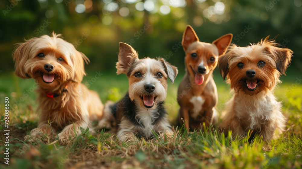 cute happy the dogs sit side by side on the spring green grass and look ...