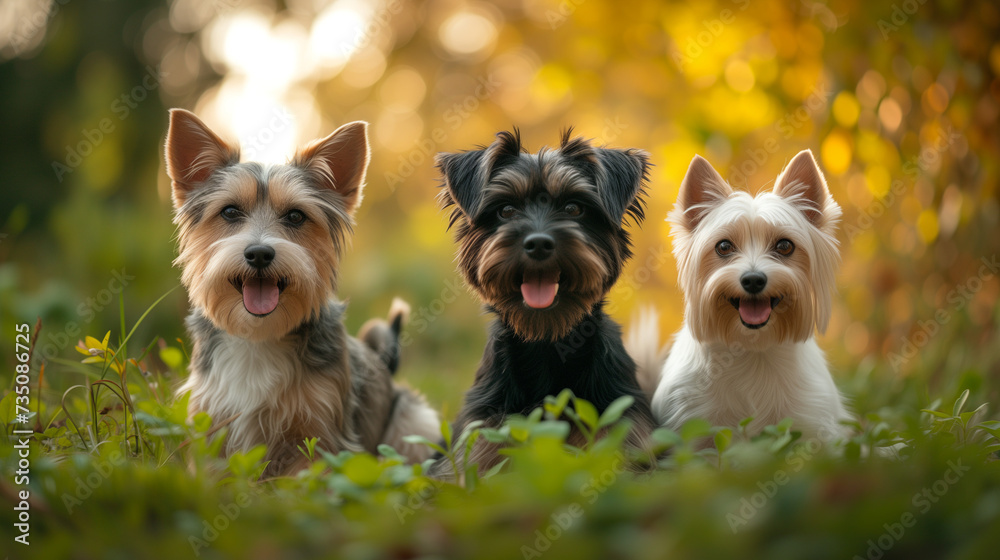 cute happy the dogs sit side by side on the spring green grass and look ...