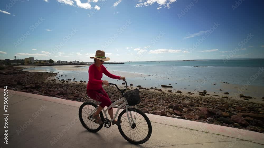 Profile view of mature woman riding a bike on the La Paz malecon ...