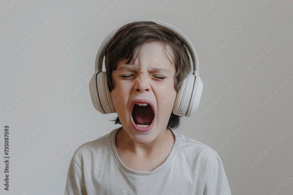 Young boy wearing over-ear headphones and yelling, her face expression ...