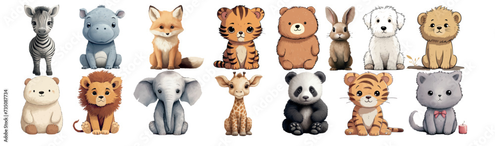 Adorable Collection of Cartoon Animals Including Zebra, Hippopotamus ...