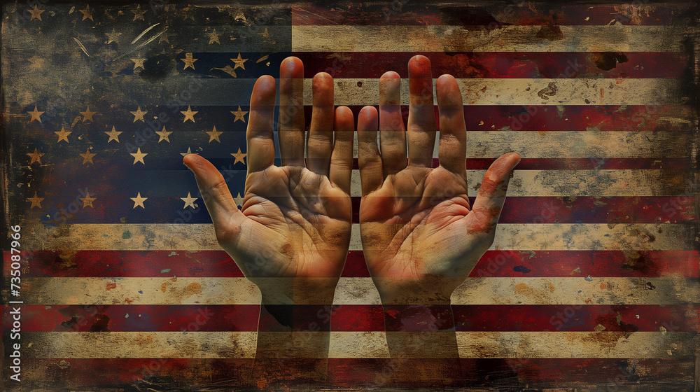 Conceptual Composite of Hands Reaching Out with American Flag ...