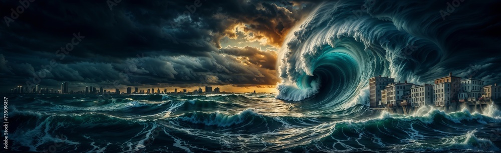 Devastating tsunami destroying the coast cityscape, natural disaster ...