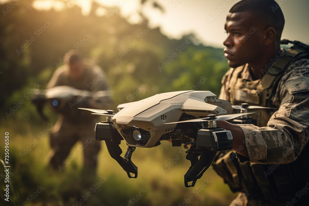 Generative AI illustration of military launches a combat drone in field ...