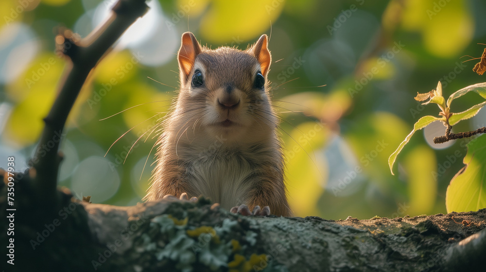 squirrel on a tree. Portrait of fox squirrel sitting on branch isolated ...