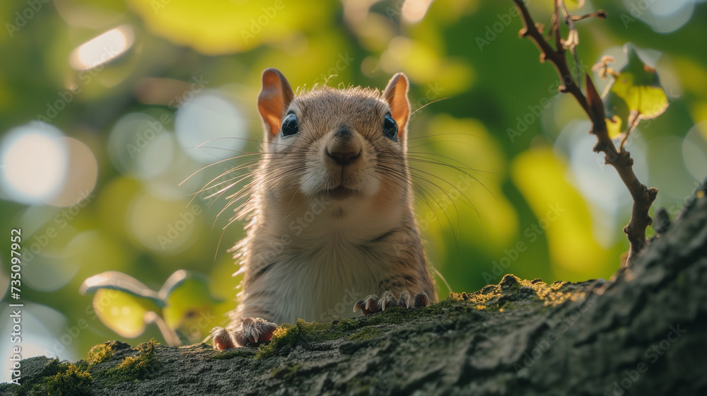 squirrel on a tree. Portrait of fox squirrel sitting on branch isolated ...